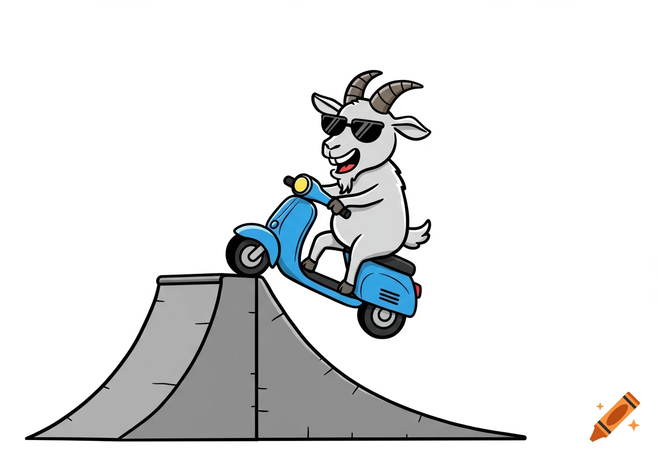 A cartoon goat in sunglasses rides a blue scooter off a ramp. on Craiyon