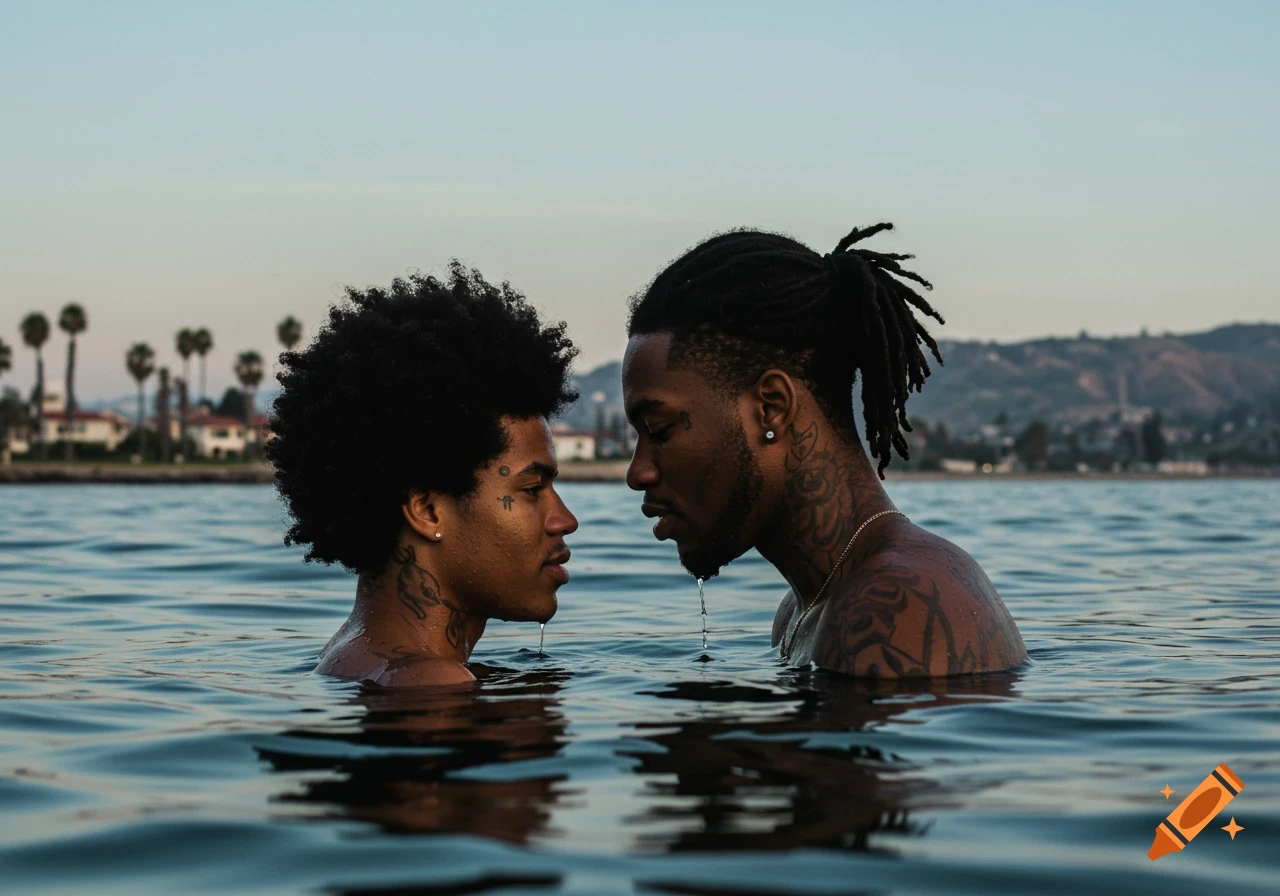 Two men face each other in the ocean at sunset, palm trees and hills in ...