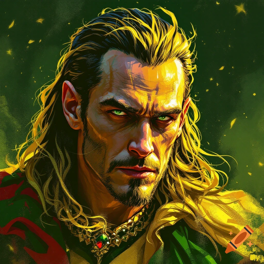 Digital painting of a man resembling Loki with long blond hair, green ...