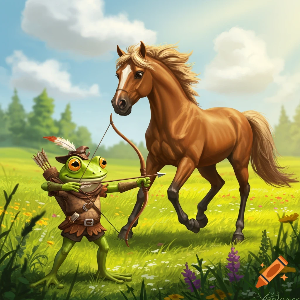 Cartoon illustration of a frog archer aiming a bow at a horse in a ...