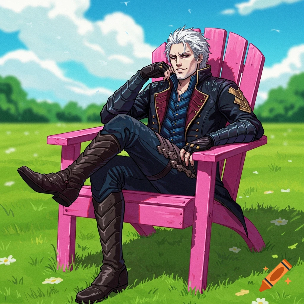 Anime illustration of Vergil from Devil May Cry sitting in a pink chair ...