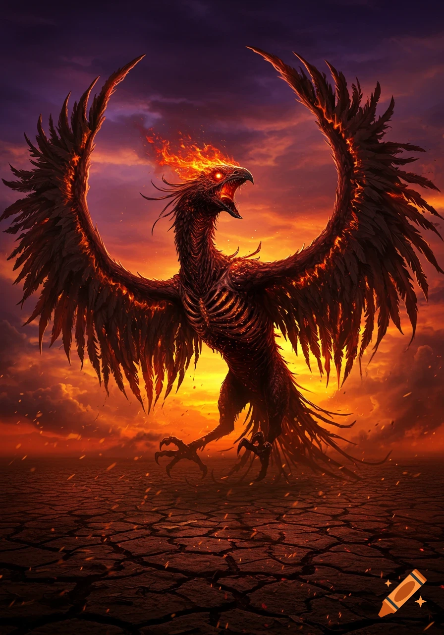A skeletal phoenix with fiery wings and eyes stands on cracked earth ...
