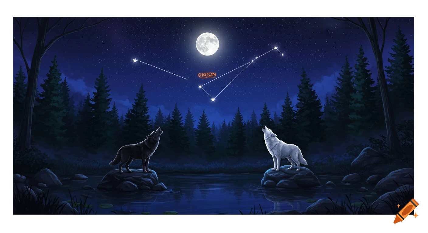 Two wolves, one black, one white, howl at a full moon in a forest ...