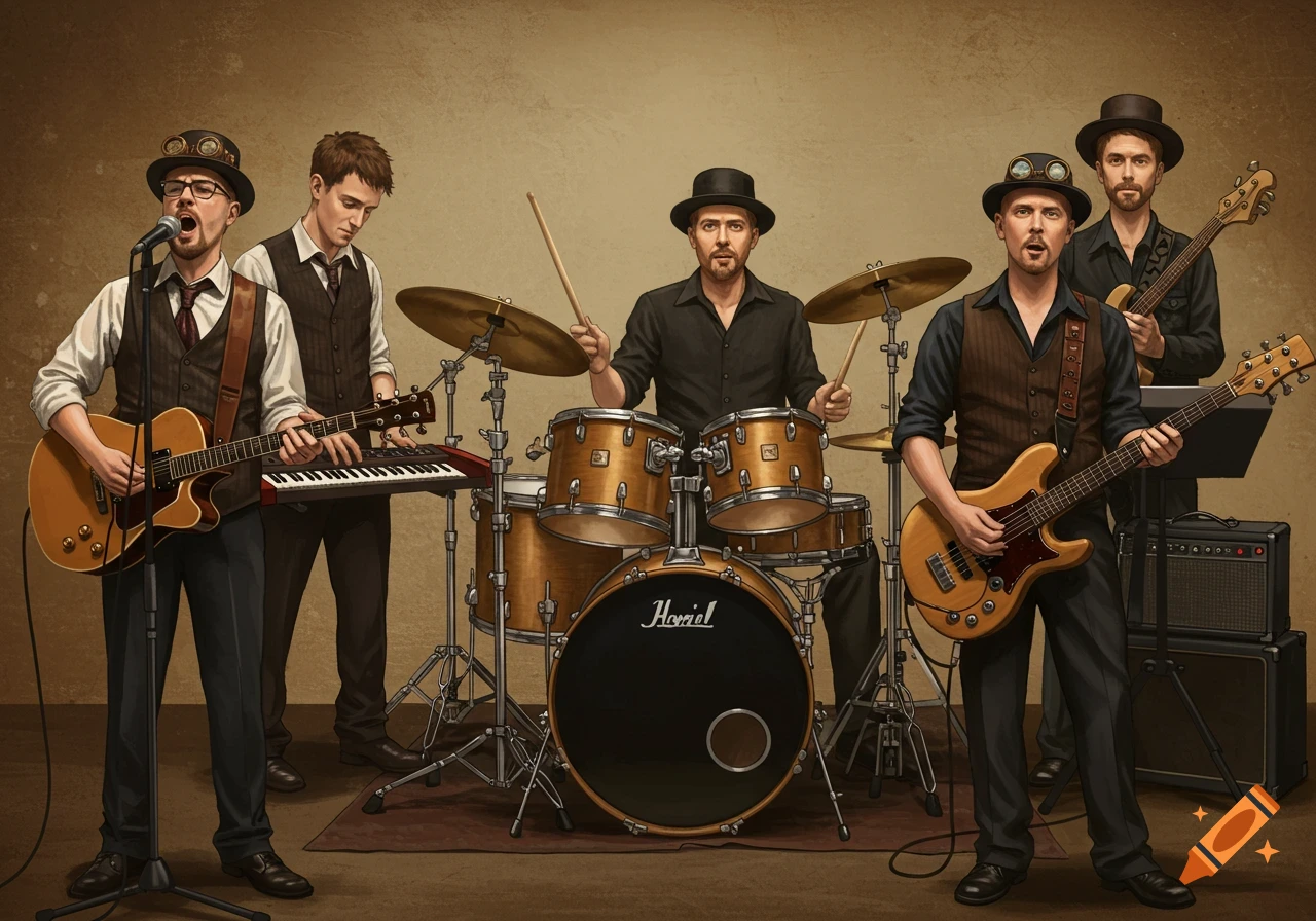 A steampunk band with five members playing instruments on a stage. on ...