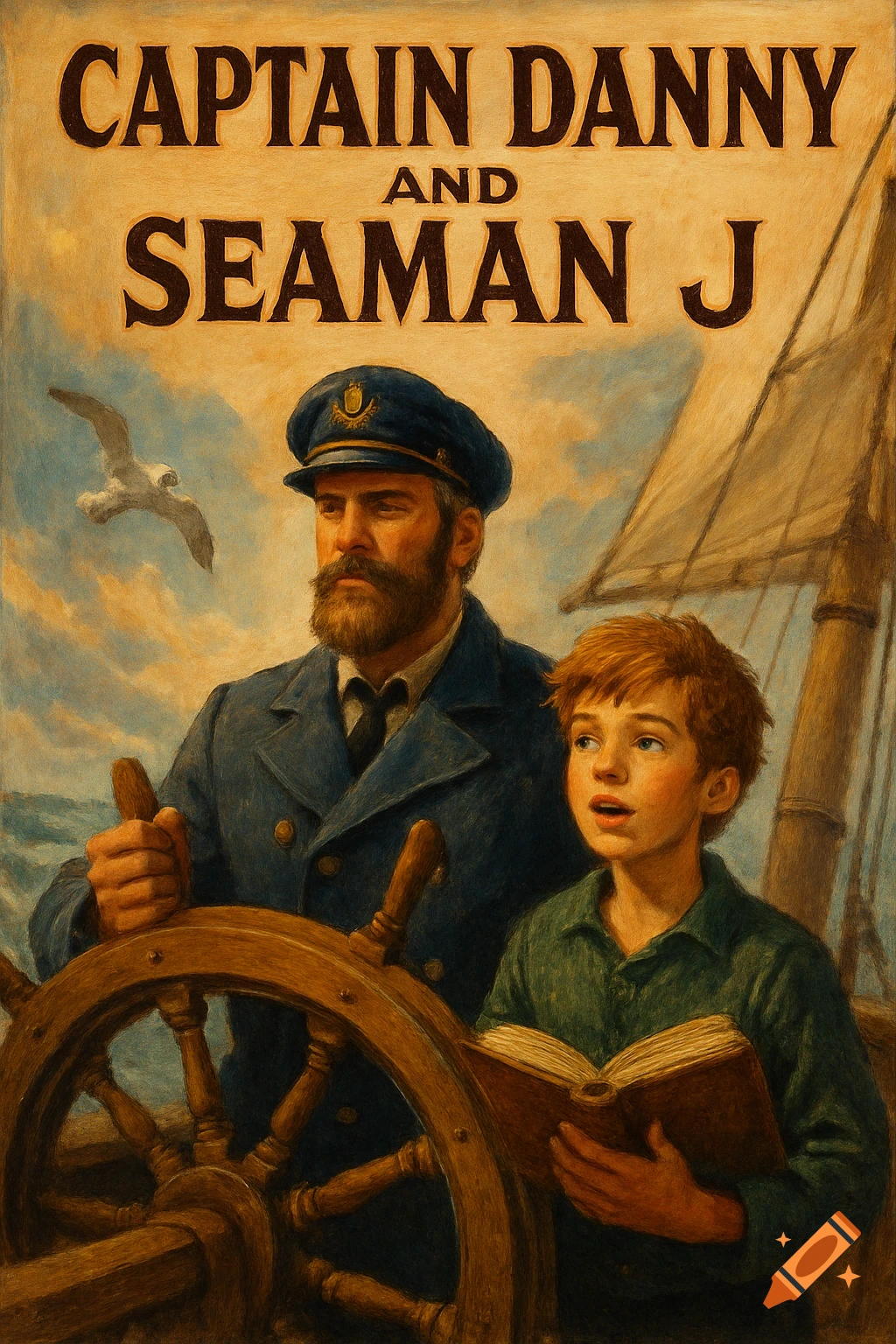 Book cover illustration of a captain and a boy on a ship. Text: CAPTAIN ...