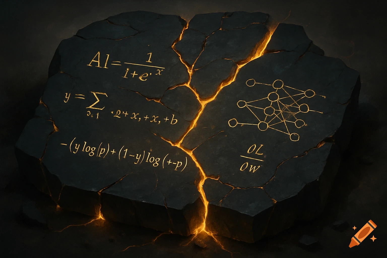 A cracked rock with glowing fissures inscribed with equations and a ...