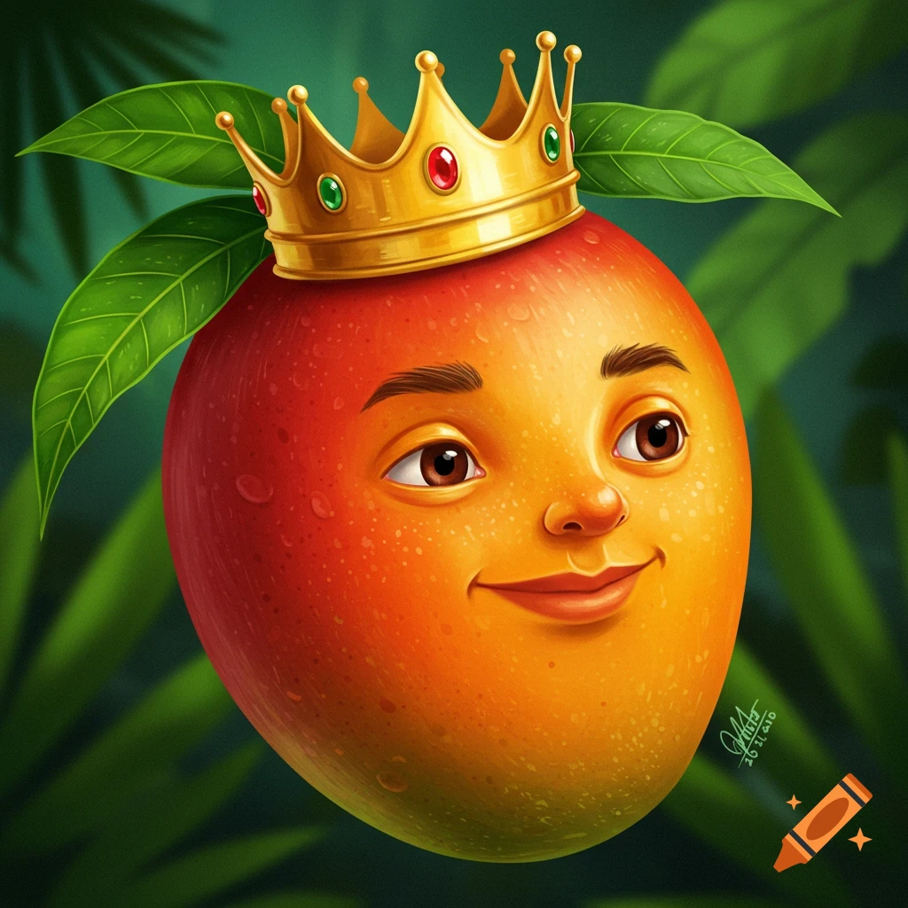 Illustration of a mango with a face and golden crown, like a king. on ...
