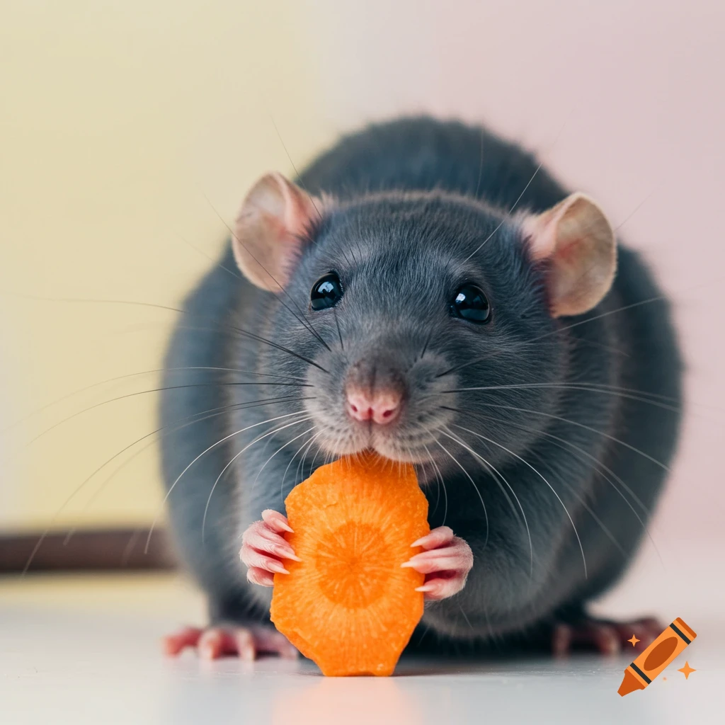 Close-up of a rat holding and eating a slice of carrot. on Craiyon