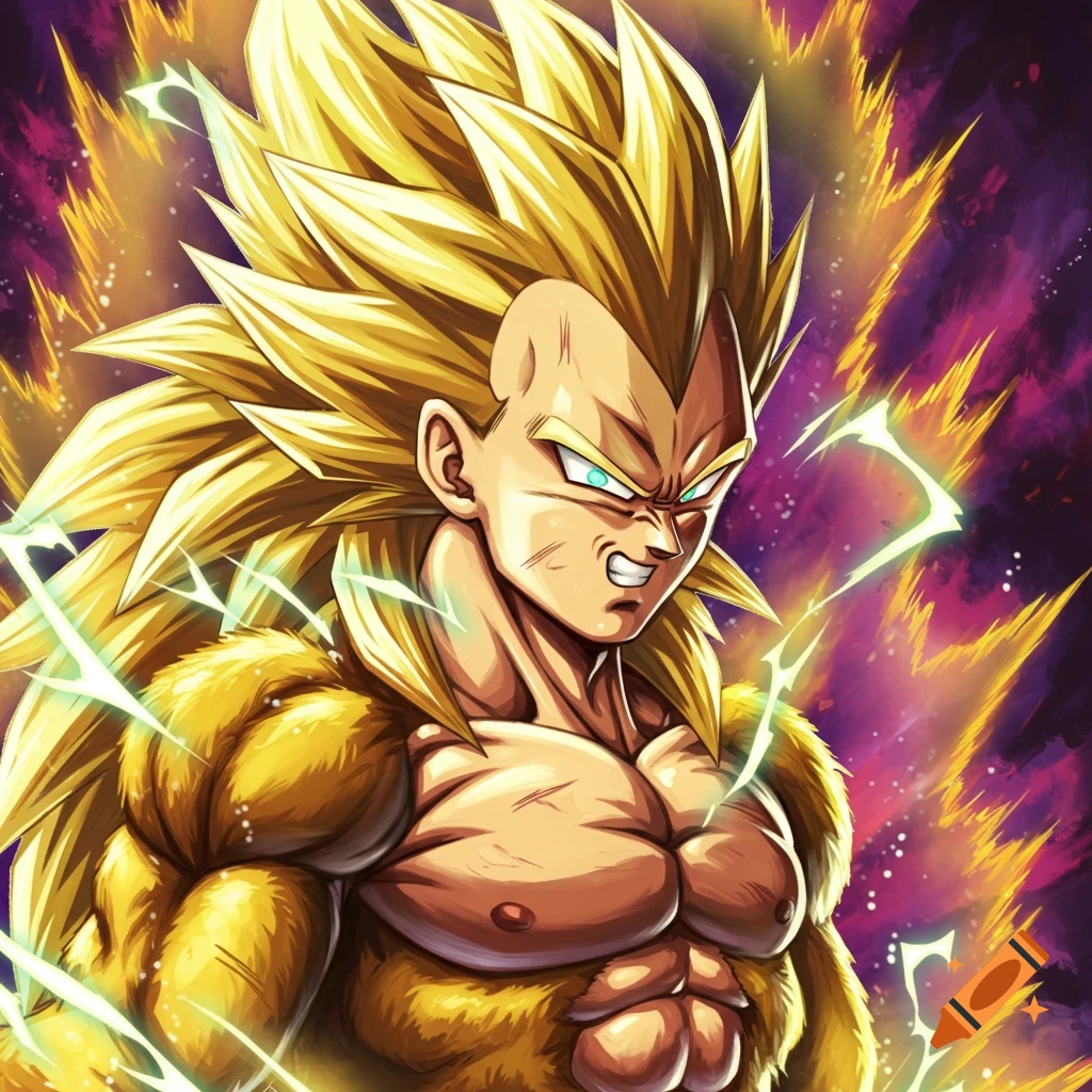 Close-up anime portrait of Super Saiyan 3 Vegeta surrounded by golden ...
