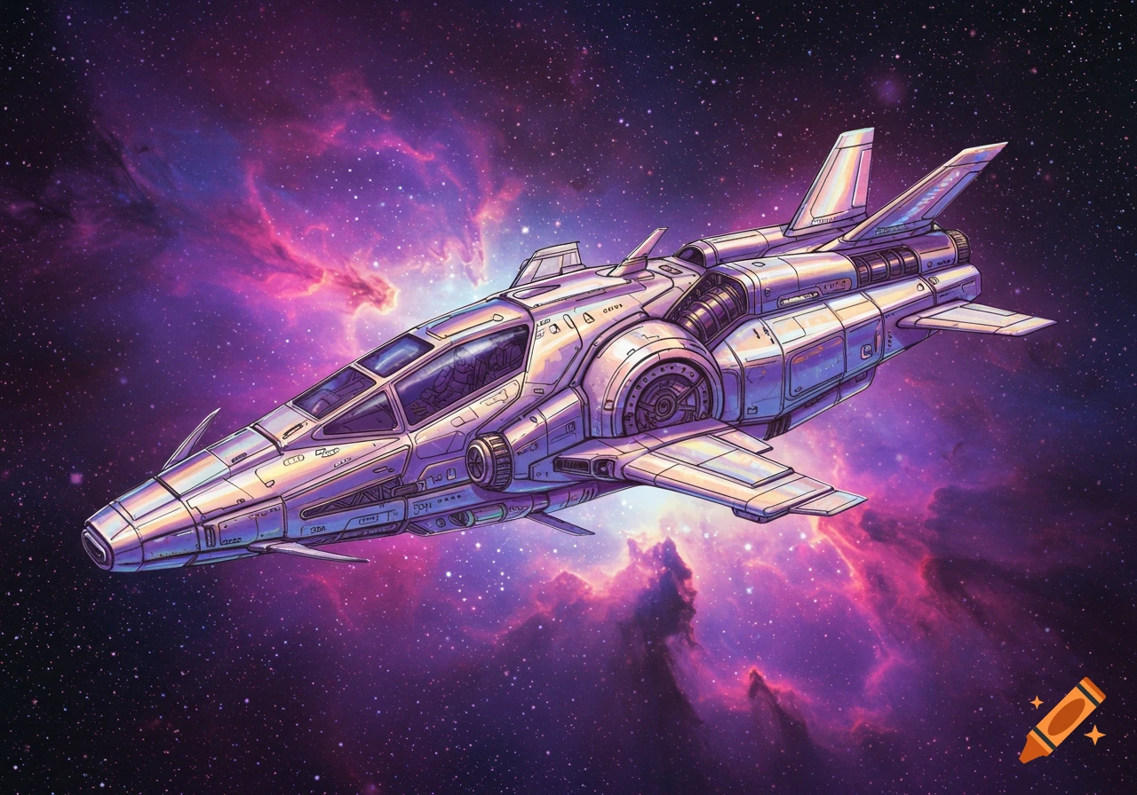 A detailed illustration of a futuristic spaceship flying through a colorful nebula in space. on ...