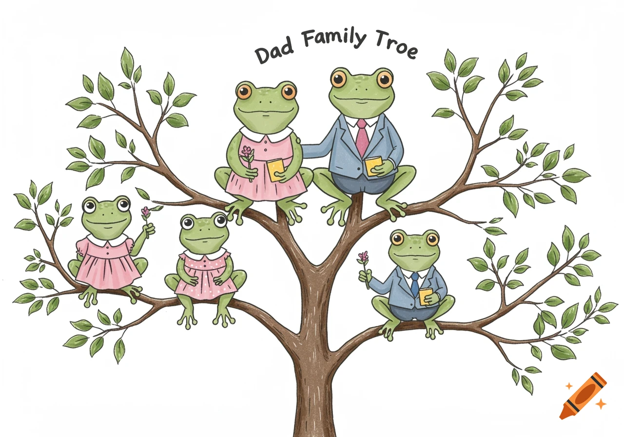 Cartoon illustration of a frog family sitting on a tree with text "Dad ...