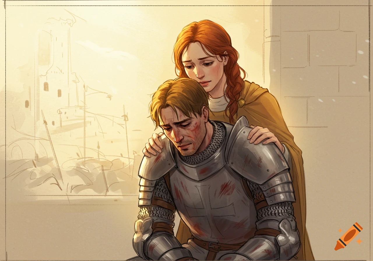 Illustration of a sad knight in armor being comforted by a lady in a ...