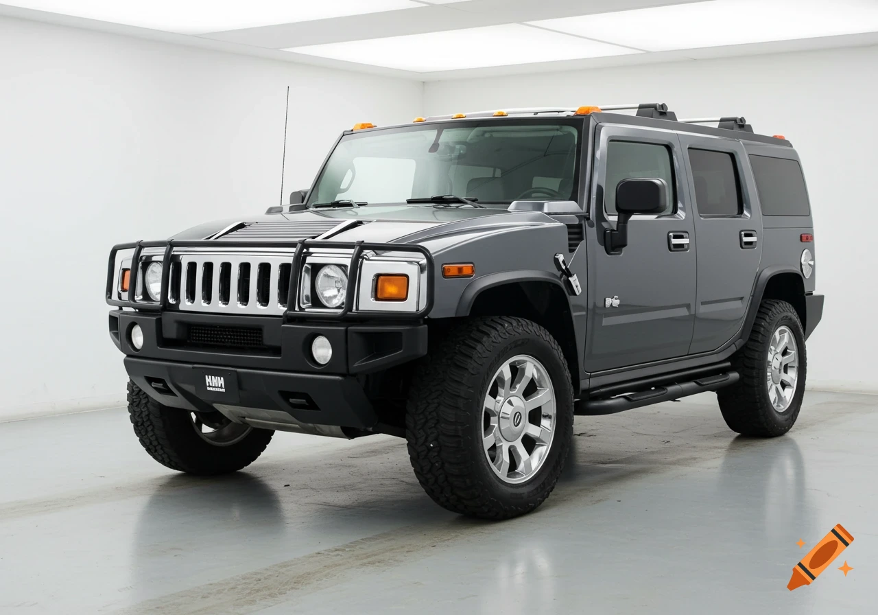 Gray Hummer H2 in a bright showroom on Craiyon