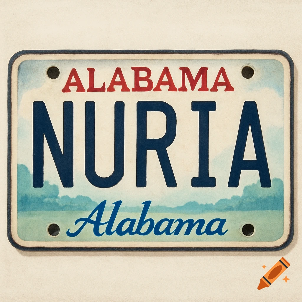 An Alabama license plate with the name NURIA and landscape art. on Craiyon