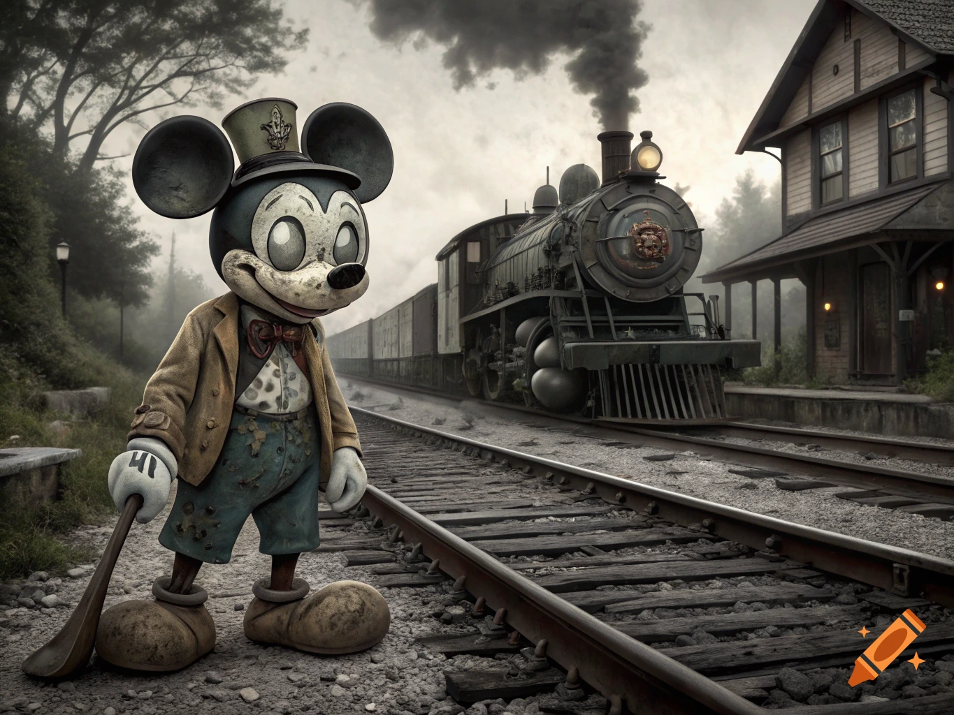 Zombie Mickey Mouse in 1920s clothing stands by train tracks with a ...