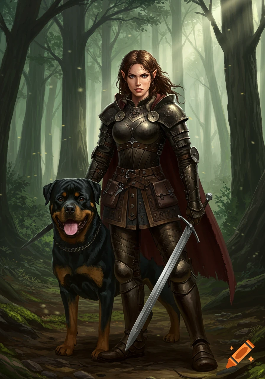 A female fantasy warrior in detailed armor stands with a rottweiler in ...