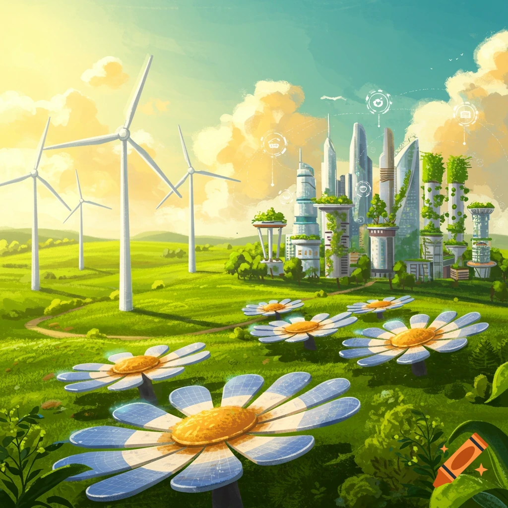Green landscape with wind turbines and solar flowers leading to a ...