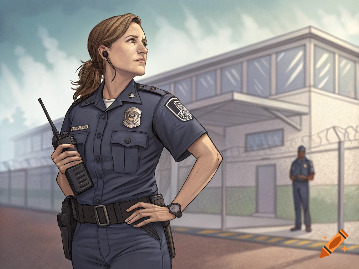 An illustrated portrait of a female corrections officer in uniform ...