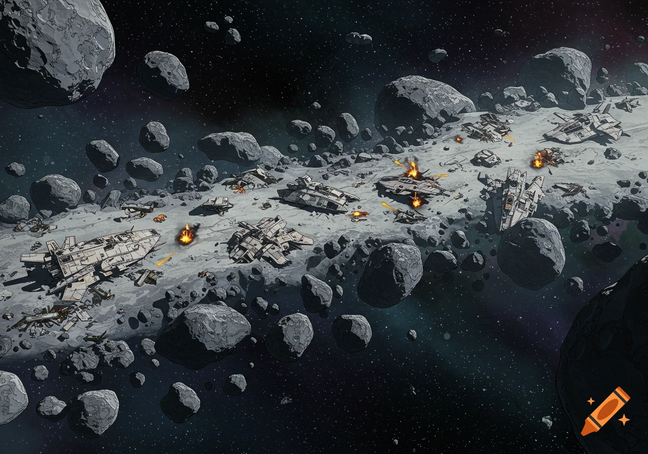A sci-fi comic illustration of a space battle between spaceships in an asteroid field. on Craiyon