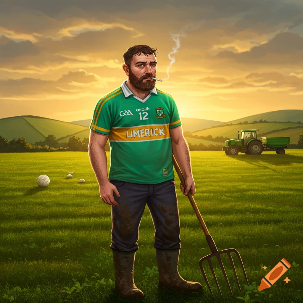 Man in Limerick GAA jersey holds pitchfork in field at sunset with ...