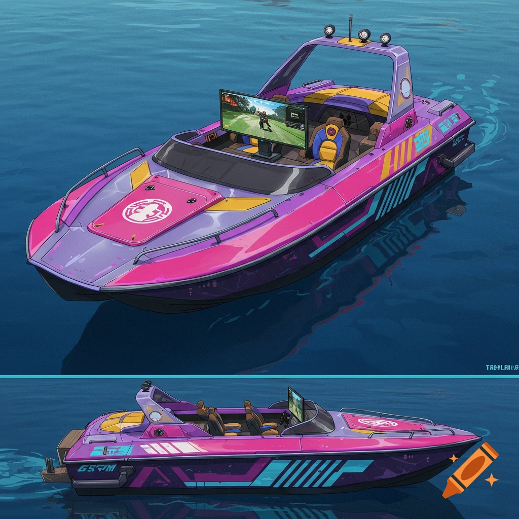 Stylized illustration of a pink and purple speed boat with a gaming ...