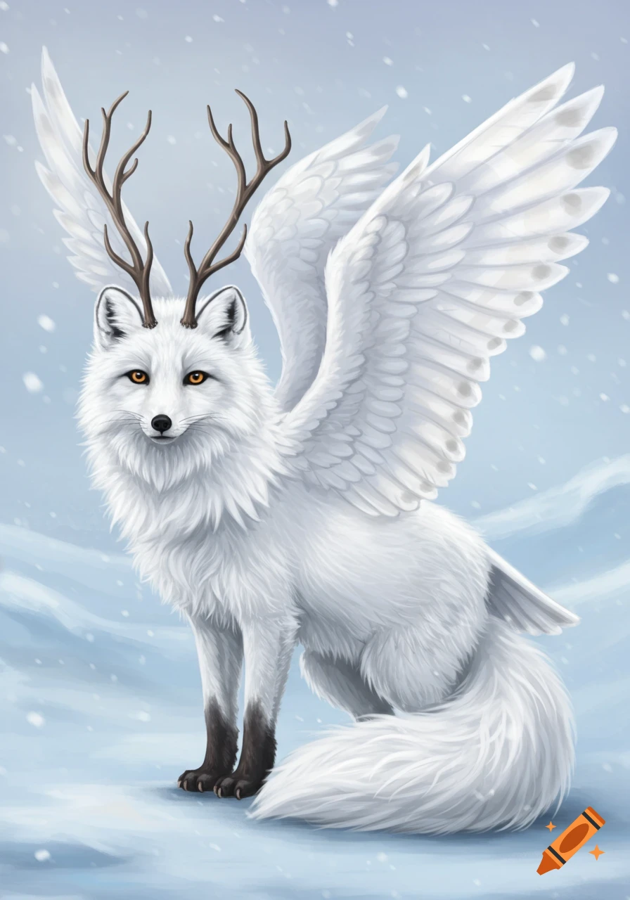 An arctic fox with white wings and deer antlers stands in a snowy ...