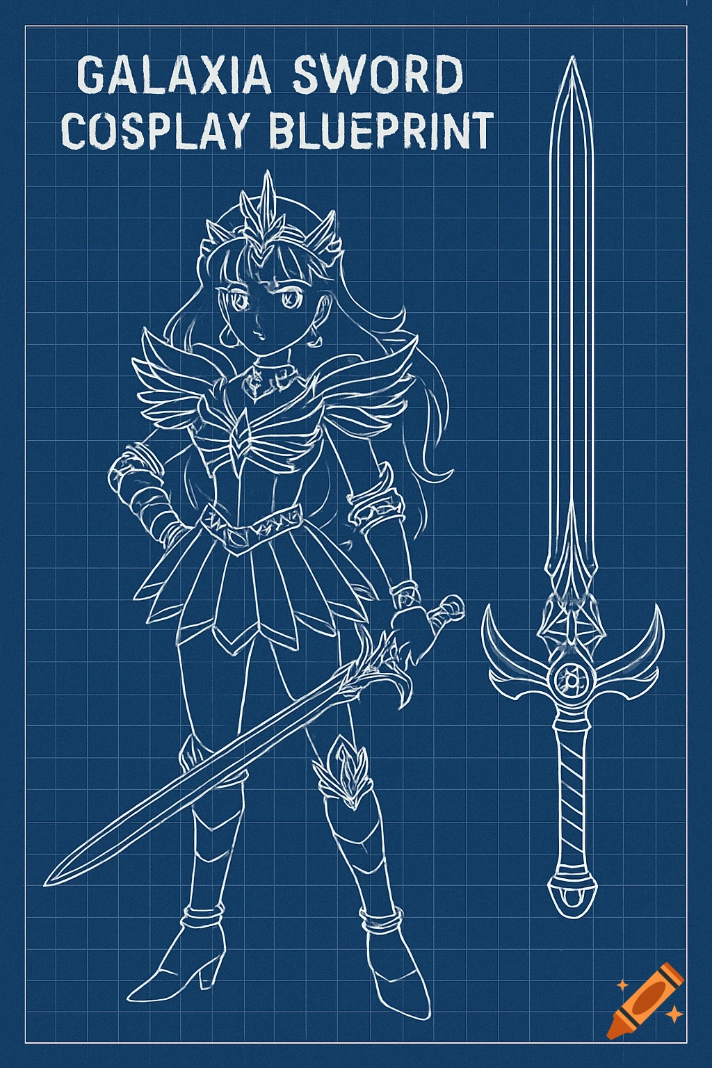 Blueprint drawing of an anime character holding a sword and a close-up ...