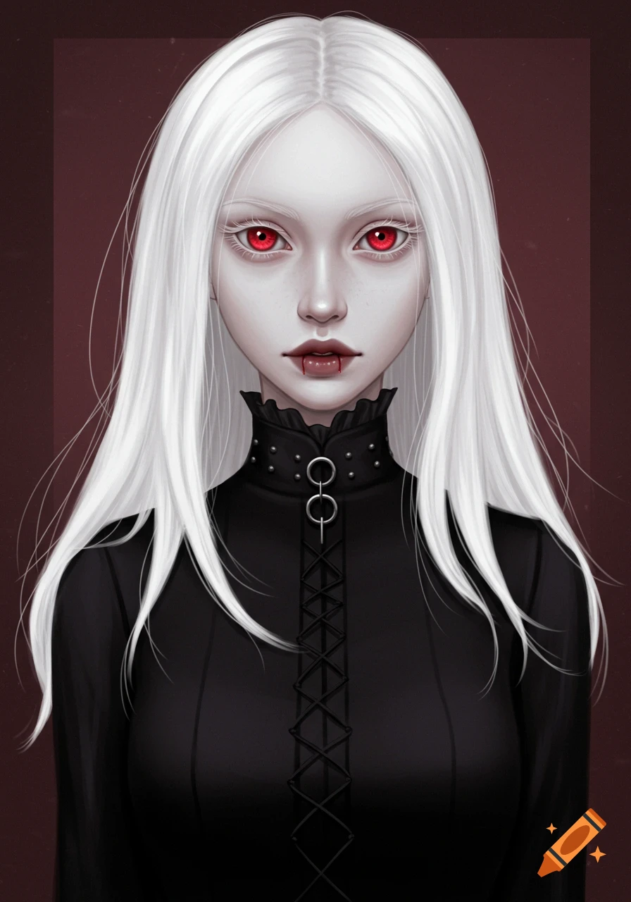 Portrait of a pale girl with white hair, red eyes, fangs, wearing dark gothic clothing. on Craiyon