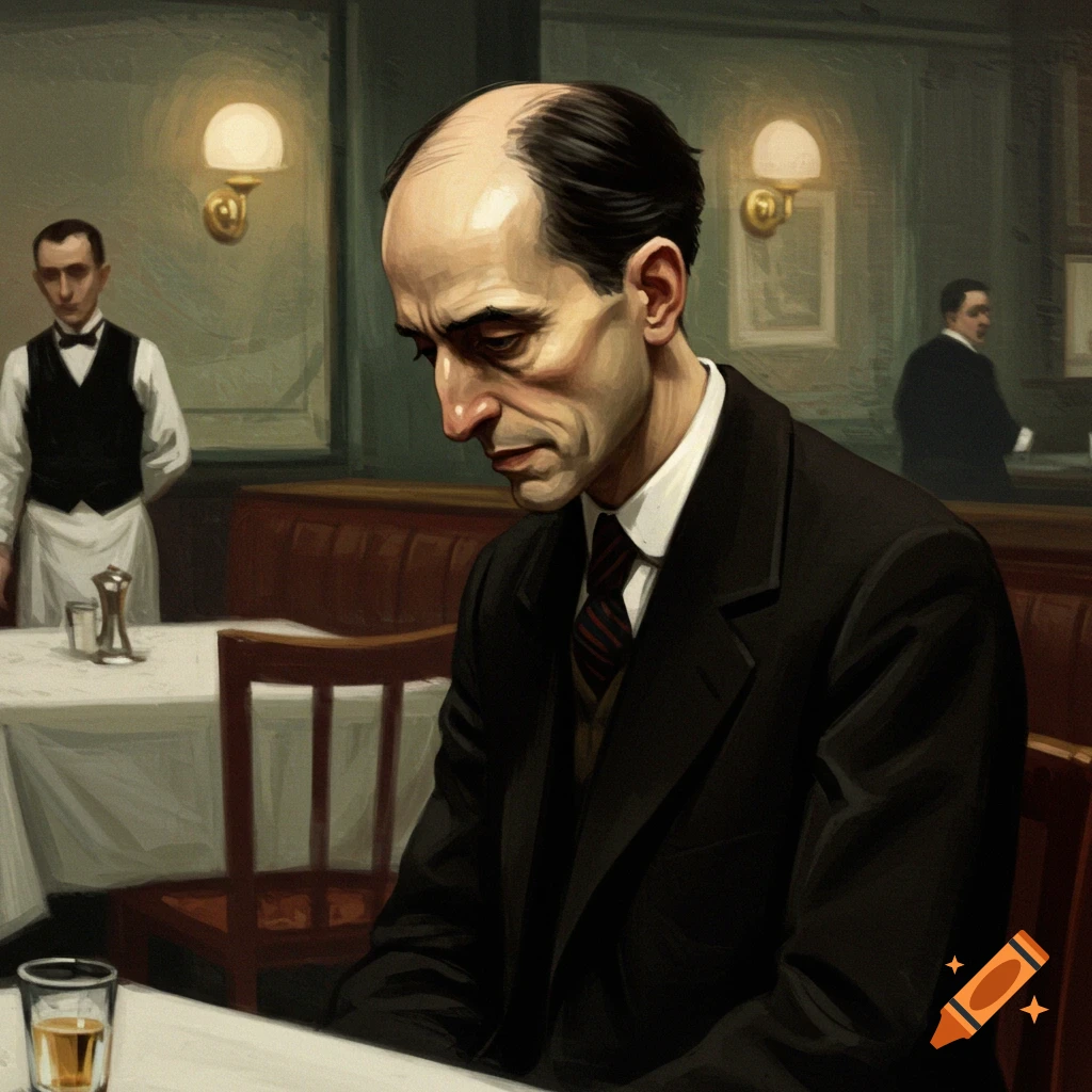 A man in a suit sits alone at a table in a restaurant, looking ...