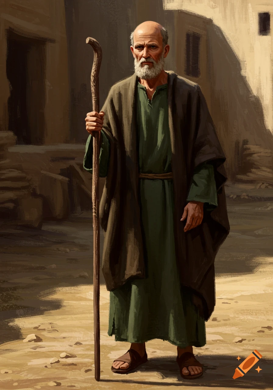 Digital painting of an old man in robes holding a walking stick in a ...