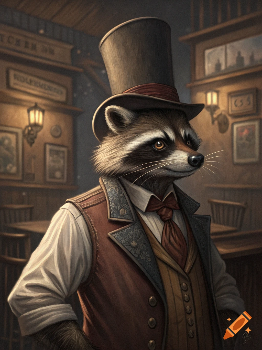 Anthropomorphic raccoon in a top hat and suit stands in a dim saloon ...