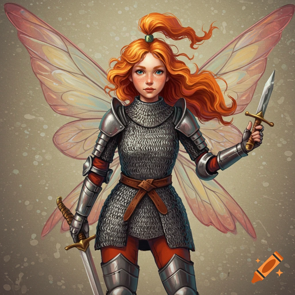 A red-haired female fairy knight in chainmail and plate armor holds two ...