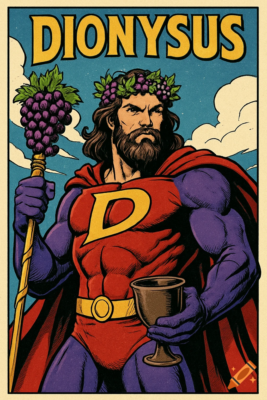 Comic book art of Dionysus as a superhero holding grapes and a cup. on ...