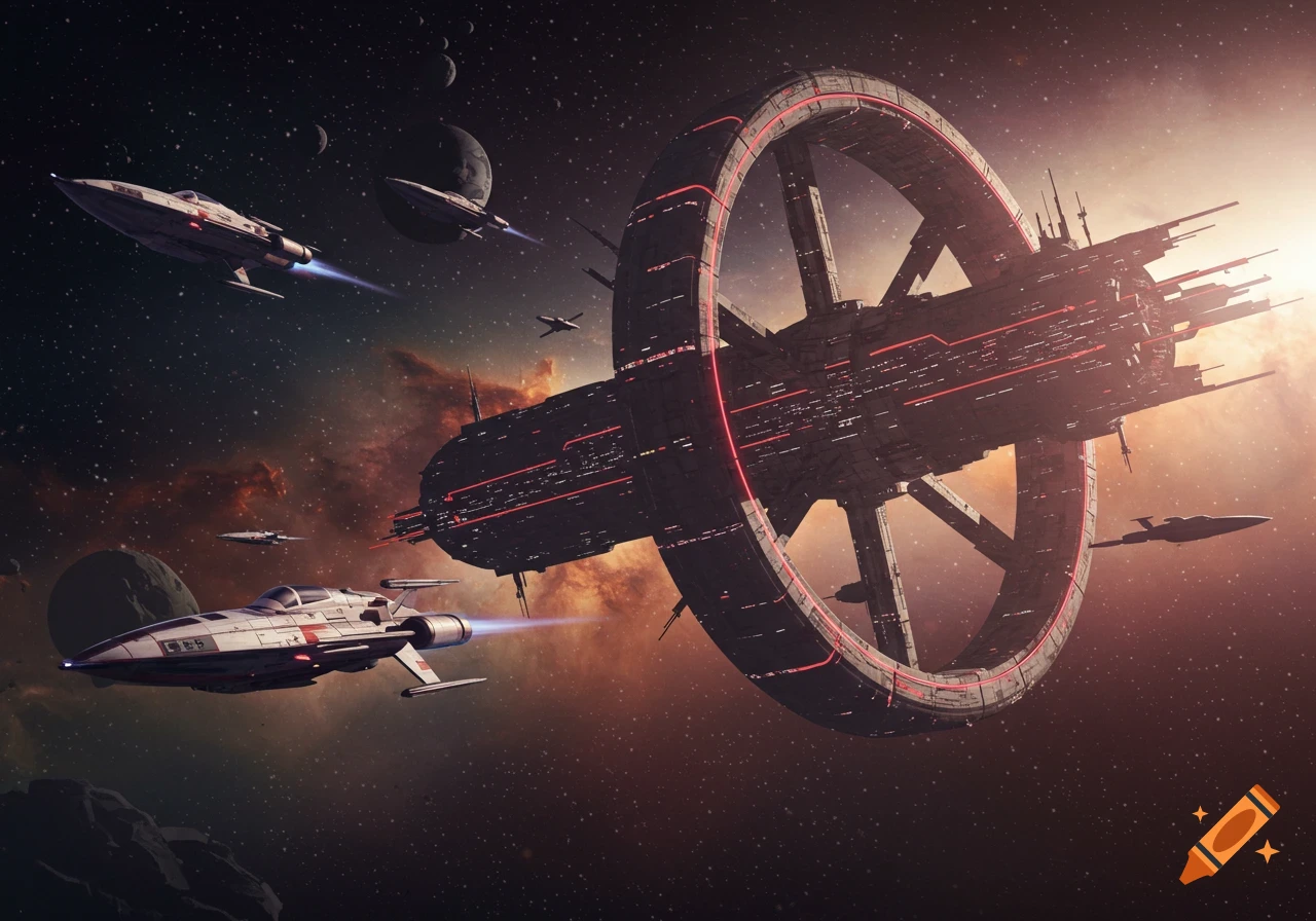 Spaceships orbit a large ring-shaped space station in deep space. on ...