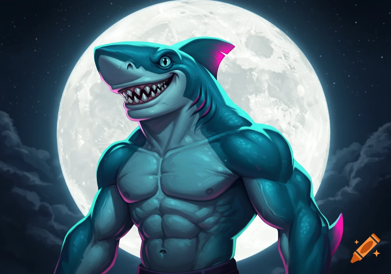 Muscular anthropomorphic shark posing in front of a large moon at night ...