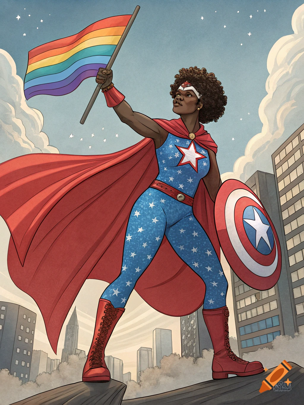 A Black woman superhero in a star-spangled suit holds a rainbow flag ...