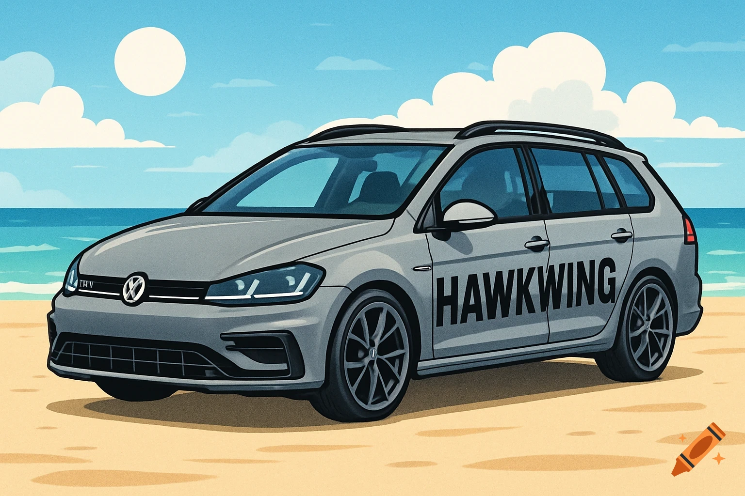 Cartoon grey VW Golf R Estate with HAWKWING text on a beach on Craiyon