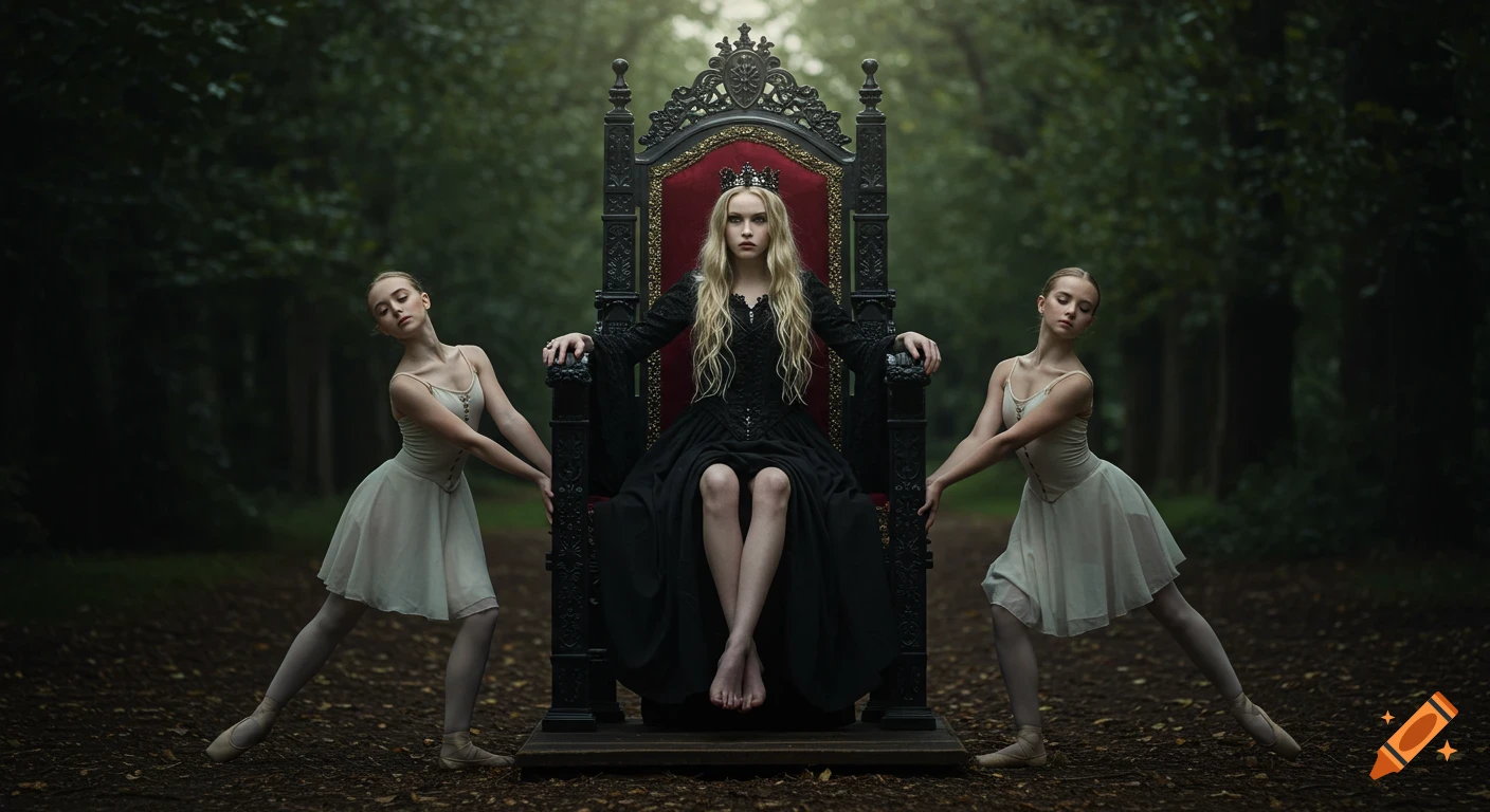 Gothic princess on a throne carried by ballerinas in a dark forest ...