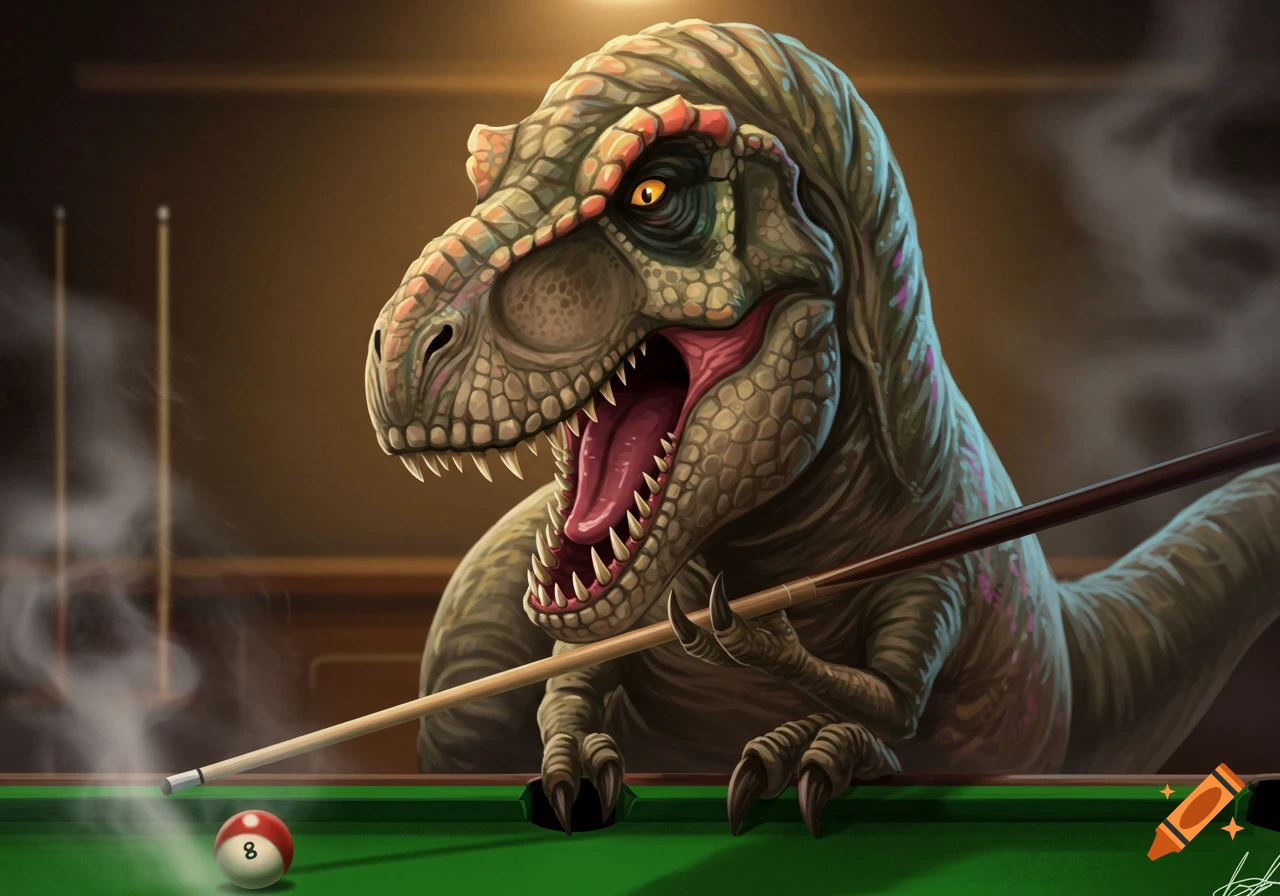 A stylized illustration of a Tyrannosaurus Rex playing pool, aiming the ...