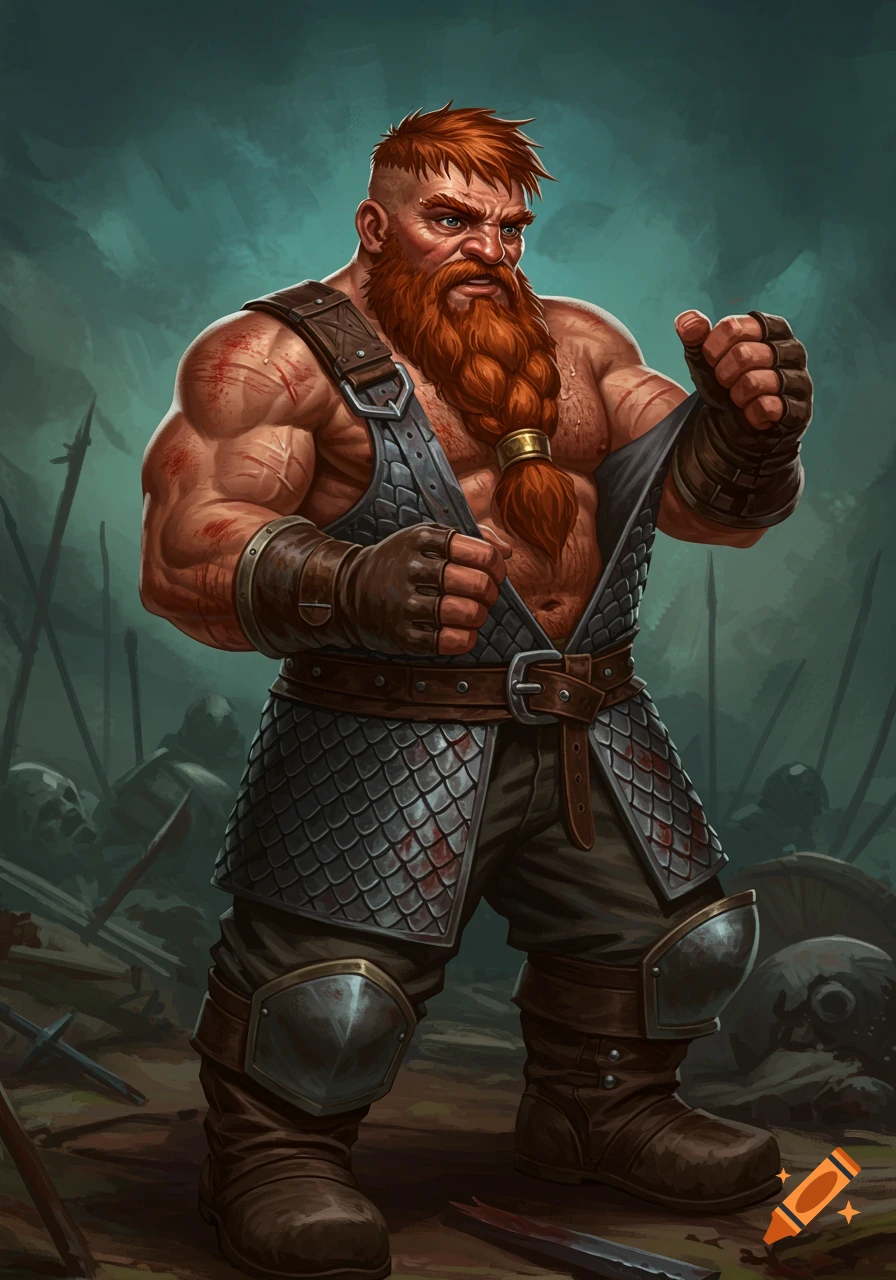 Muscular dwarf removing scale mail after a battle, covered in sweat and ...