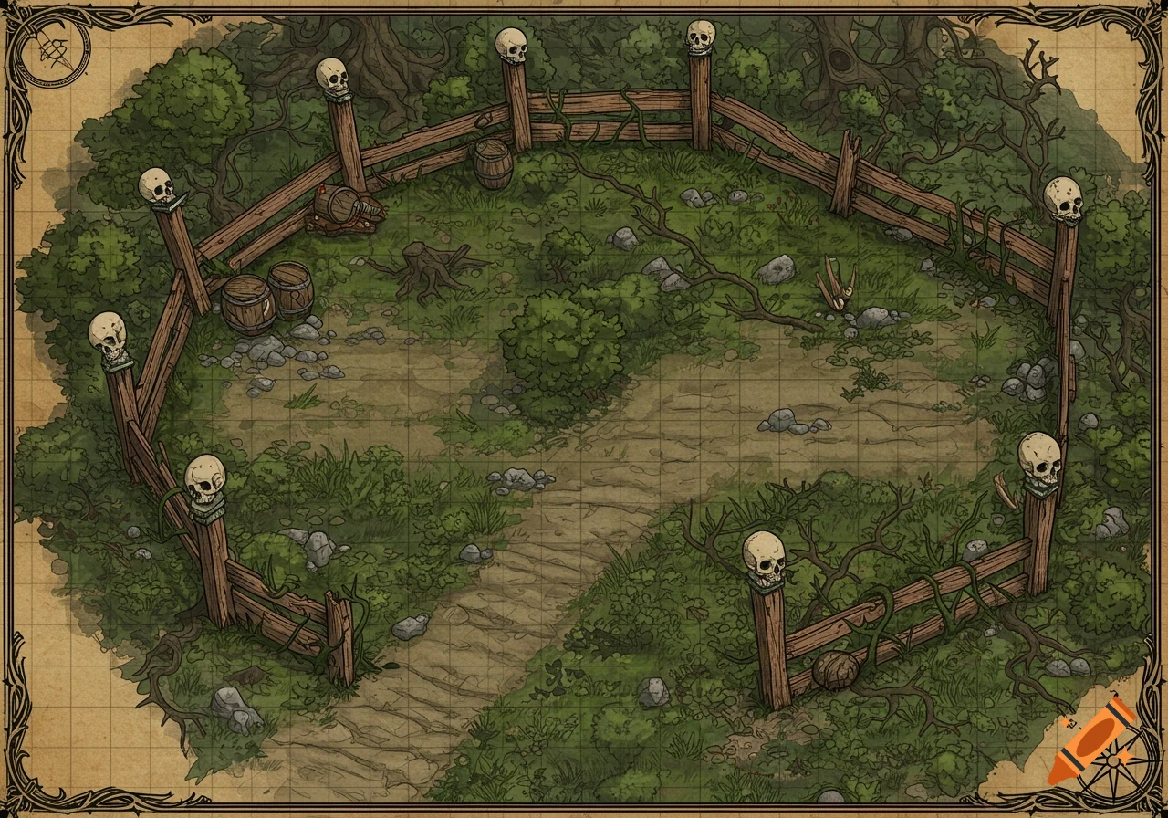 A hand-drawn fantasy battle map shows a fenced area topped with skulls ...