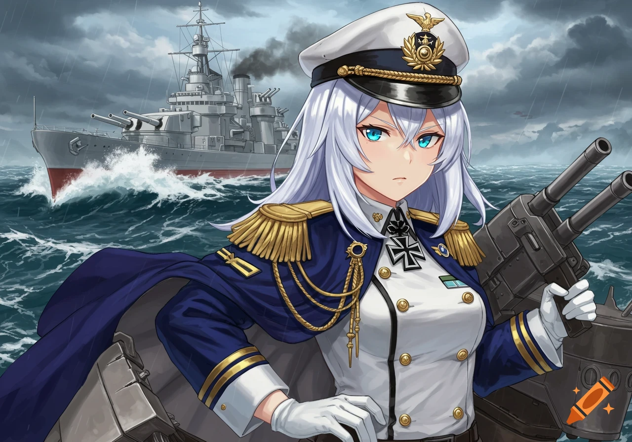 Anime woman in navy uniform stands on deck with battleship on stormy ...