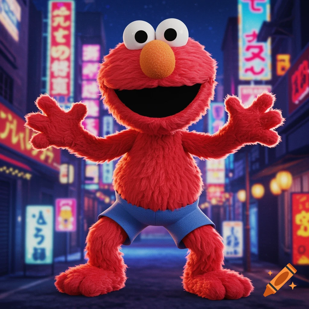 Elmo stands in a street lined with neon Japanese signs in an anime ...
