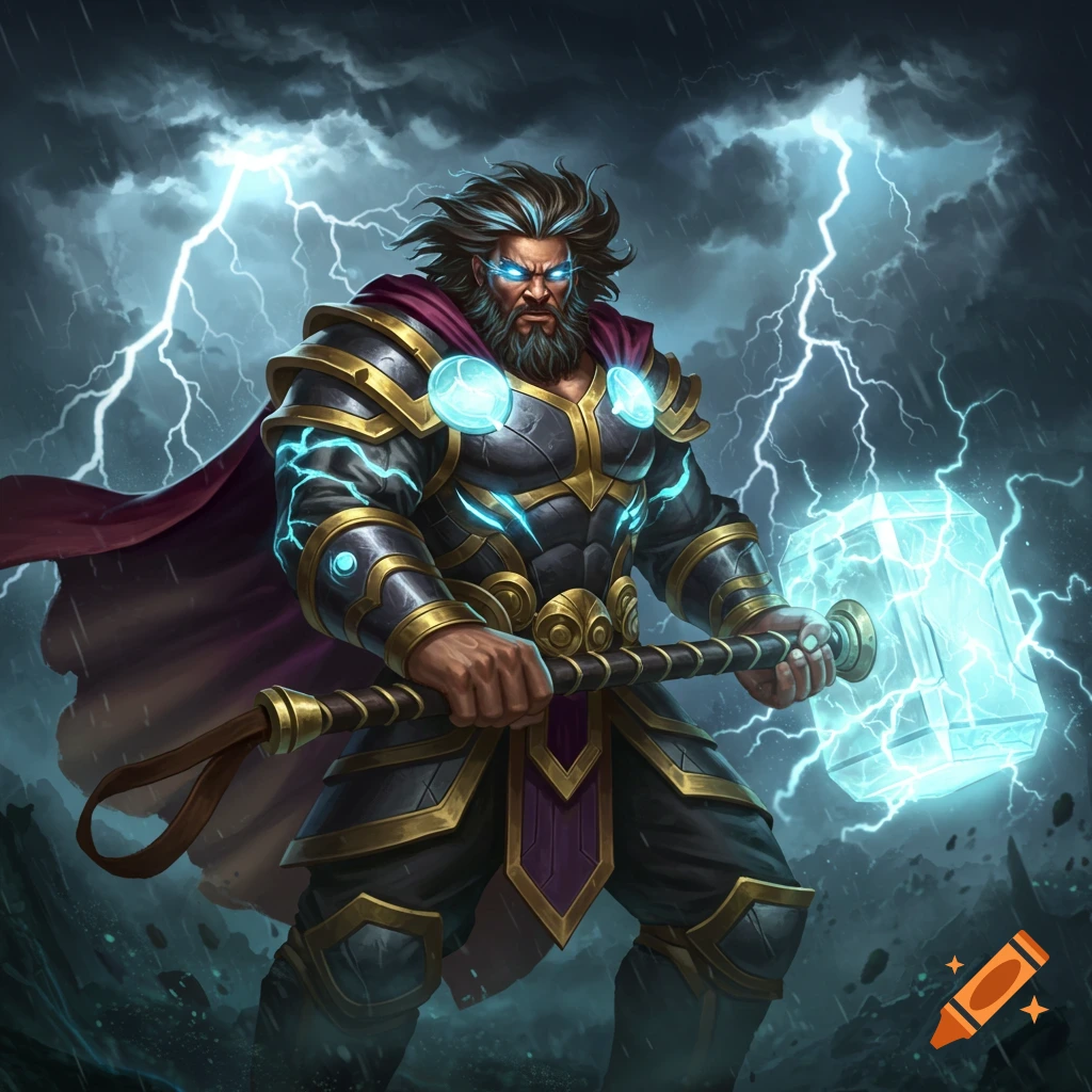 A powerful fantasy god in detailed armor holds a glowing hammer as ...