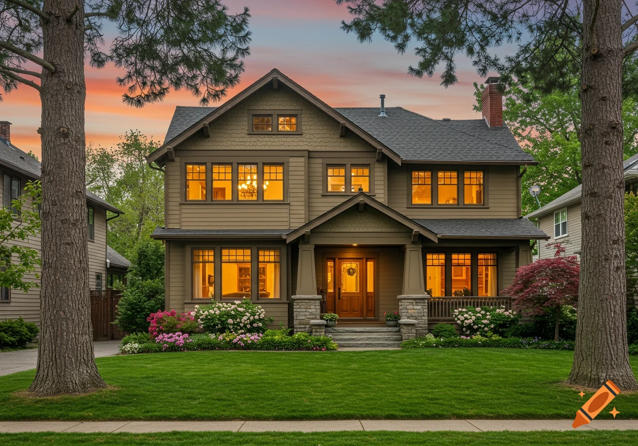 A large craftsman house with many windows and warm interior lights is ...