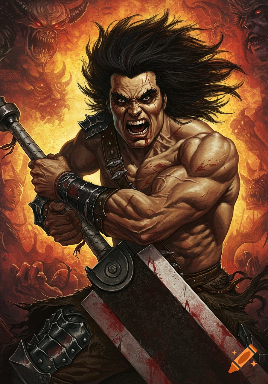 Muscular barbarian warrior with bloody sword fighting demons in a fiery ...