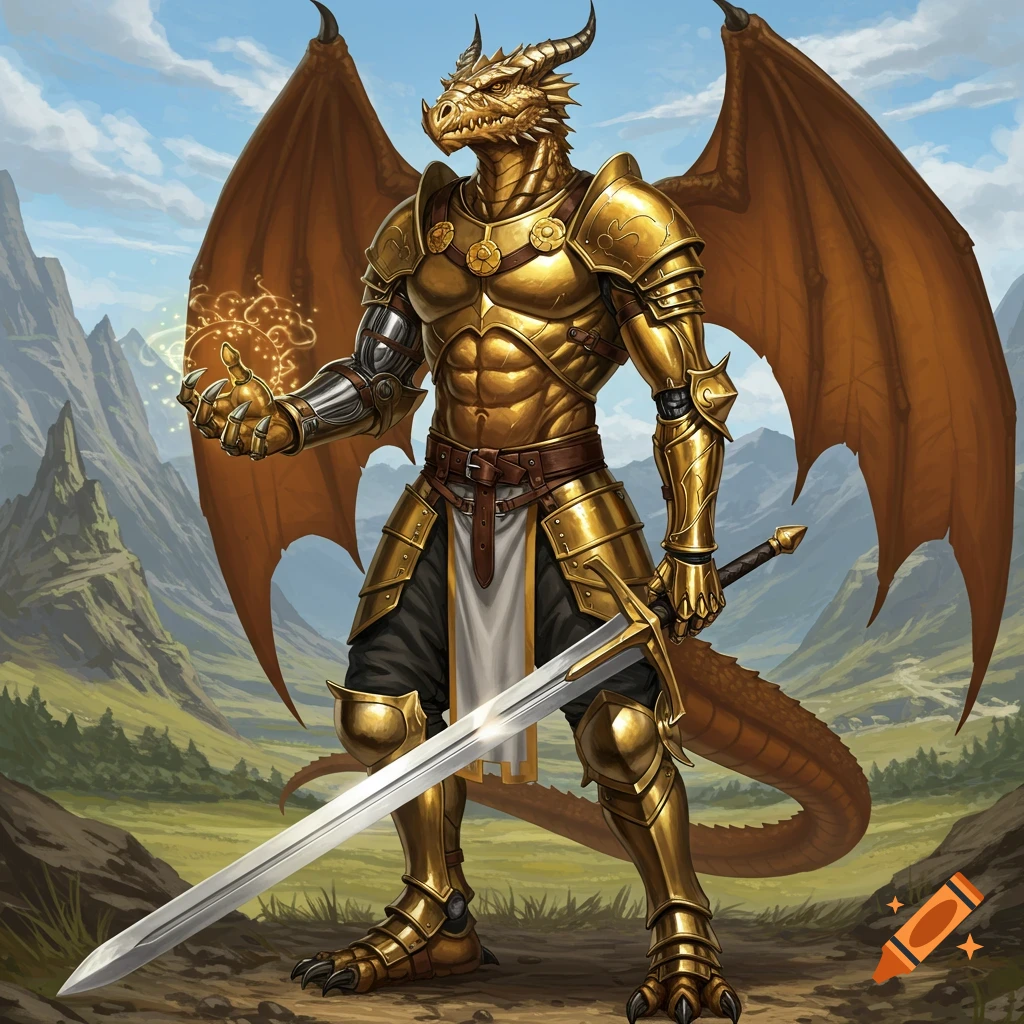 Golden dragonborn paladin in ornate armor holds a glowing spell effect and a sword in a mountain ...