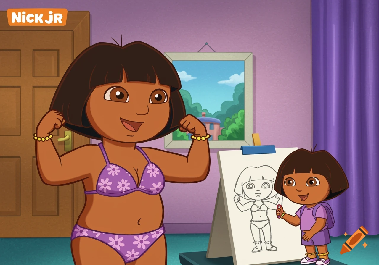 Cartoon of Dora's mom flexing in a bikini while Dora draws her. on Craiyon