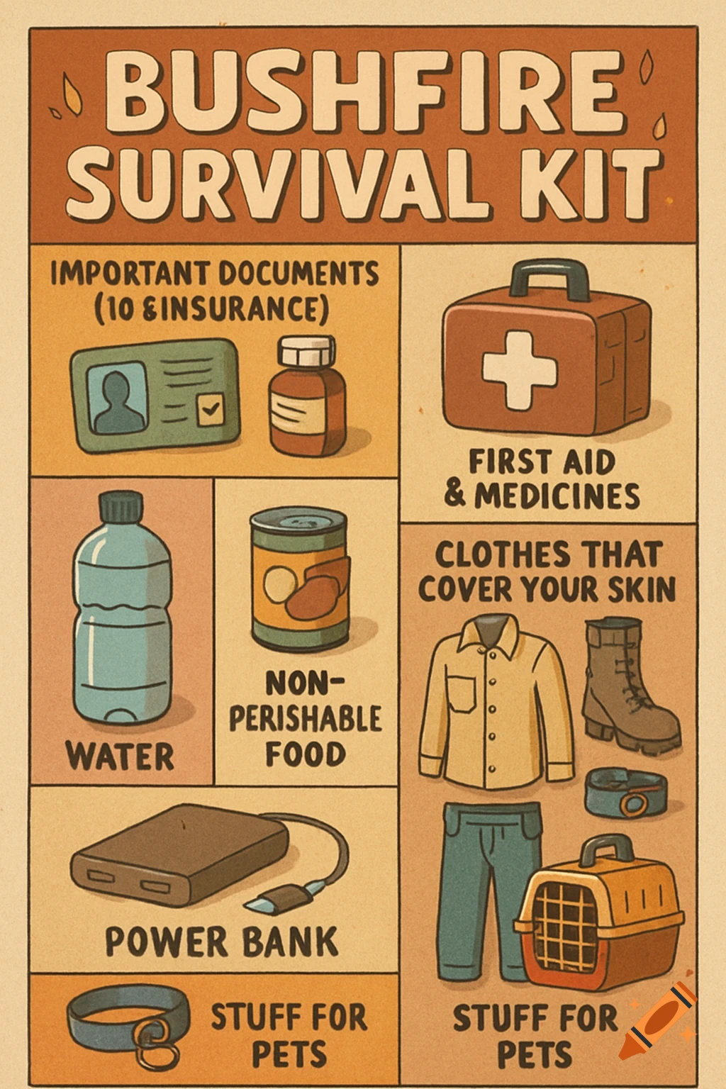 Cartoon poster listing items in a bushfire survival kit. on Craiyon