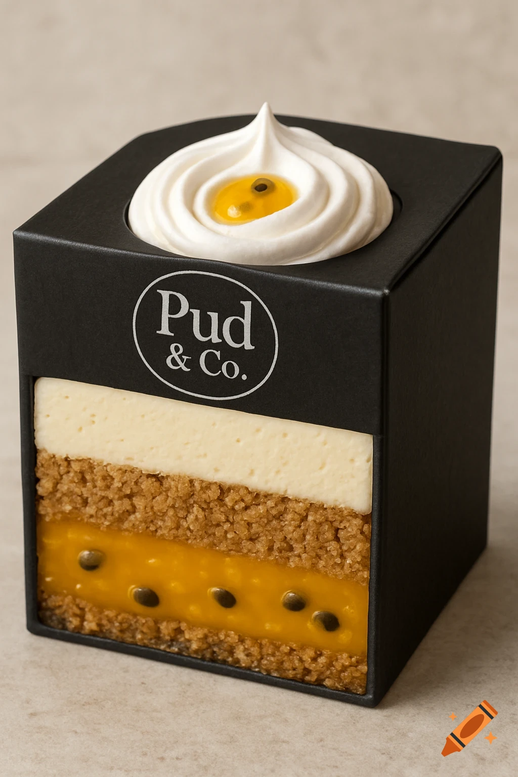 Photorealistic cross-section of a passion fruit dessert with biscoff ...
